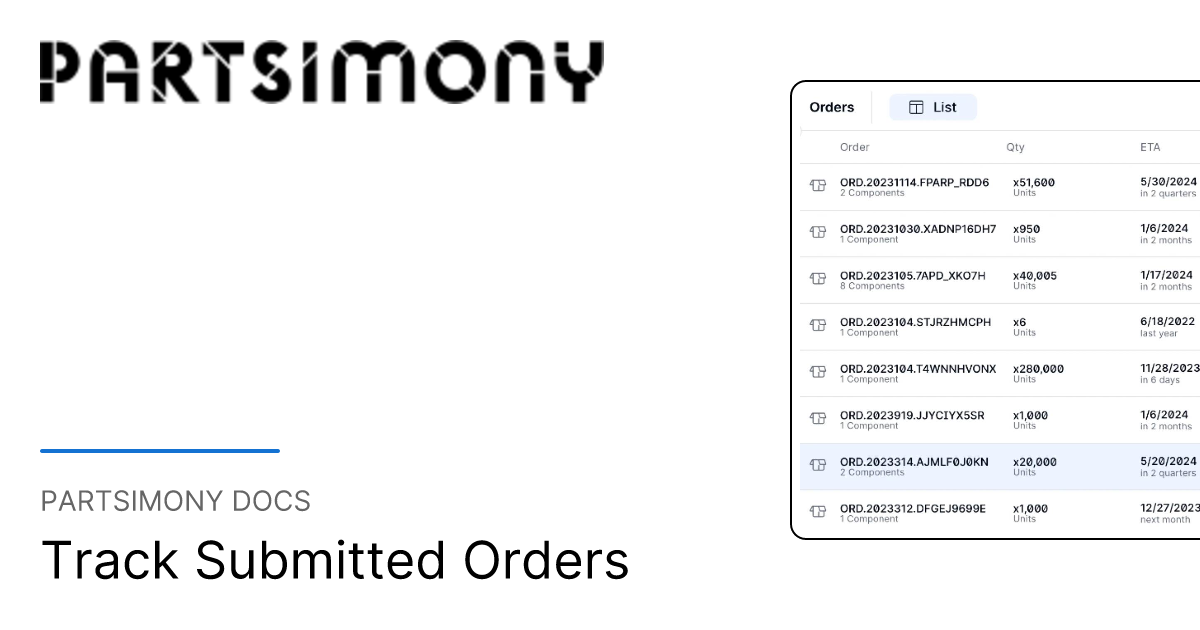 Track Submitted Orders | Partsimony Docs