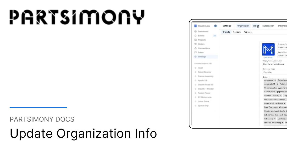 Update Organization Info | Partsimony Docs